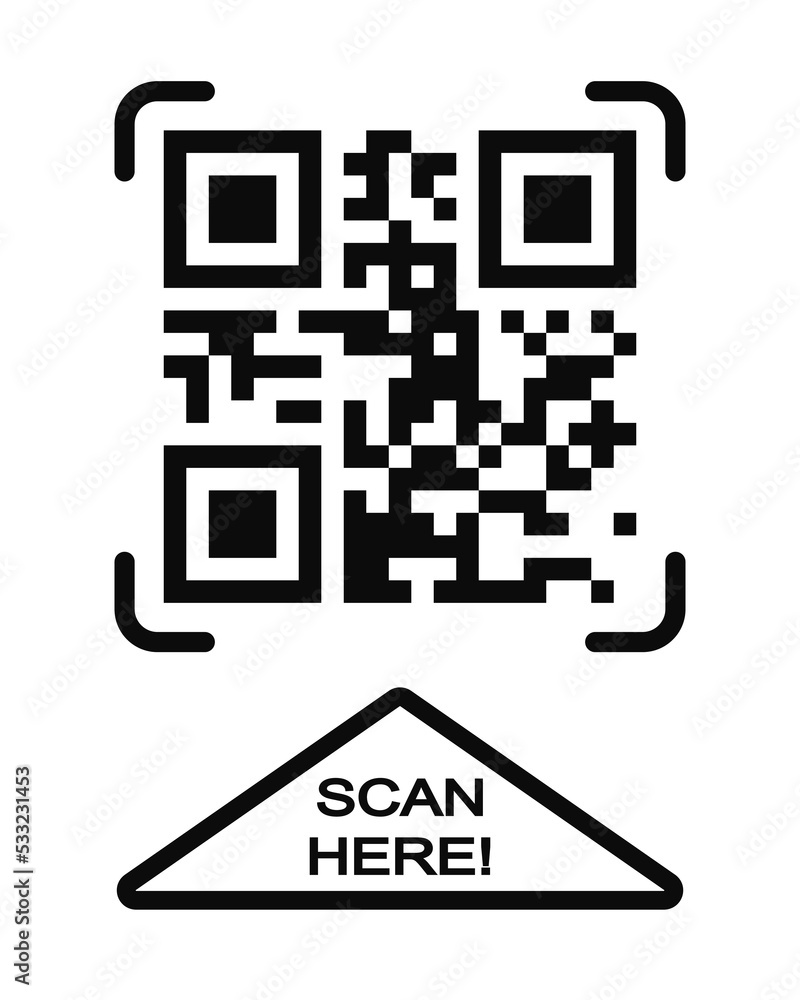 Scan here icon. QR code template. Fake example of quick responce matrix ...