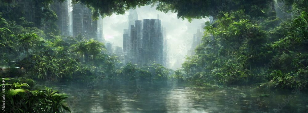 overgrown post-apocalyptic city, flooded landscape, background banner ...