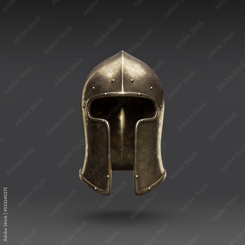 ภาพประกอบ Stock Metallic medieval knight helmet. Front view crash ...