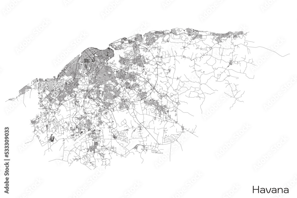 Havana city map with roads and streets, Cuba. Vector outline ...