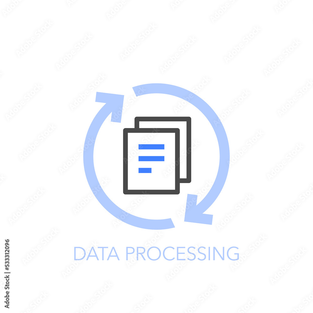 Simple visualised data processing icon symbol with data files and ...