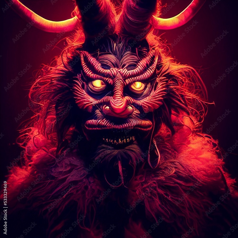 Scary demon with horns and evil look and orange fure. Glowing eyes ...