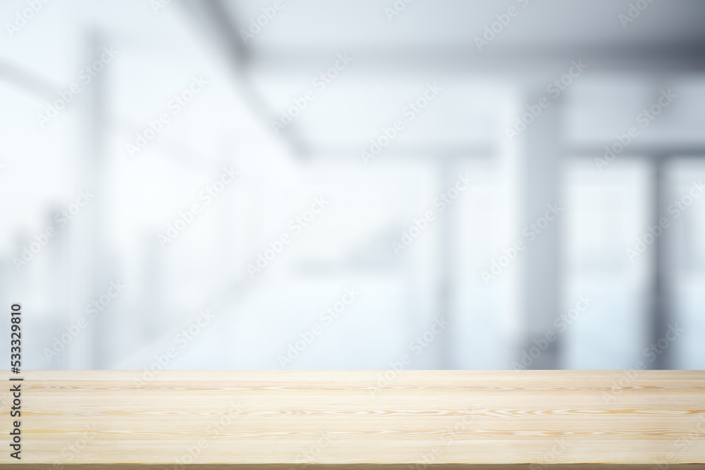 Empty office wooden table with clear modern interior with large window ...
