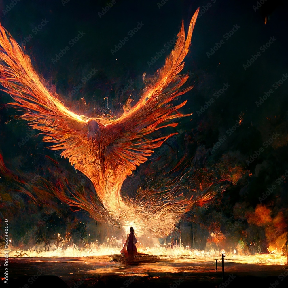 Stock-Illustration „ Phoenix flying in the sky, bird in fire, orange ...
