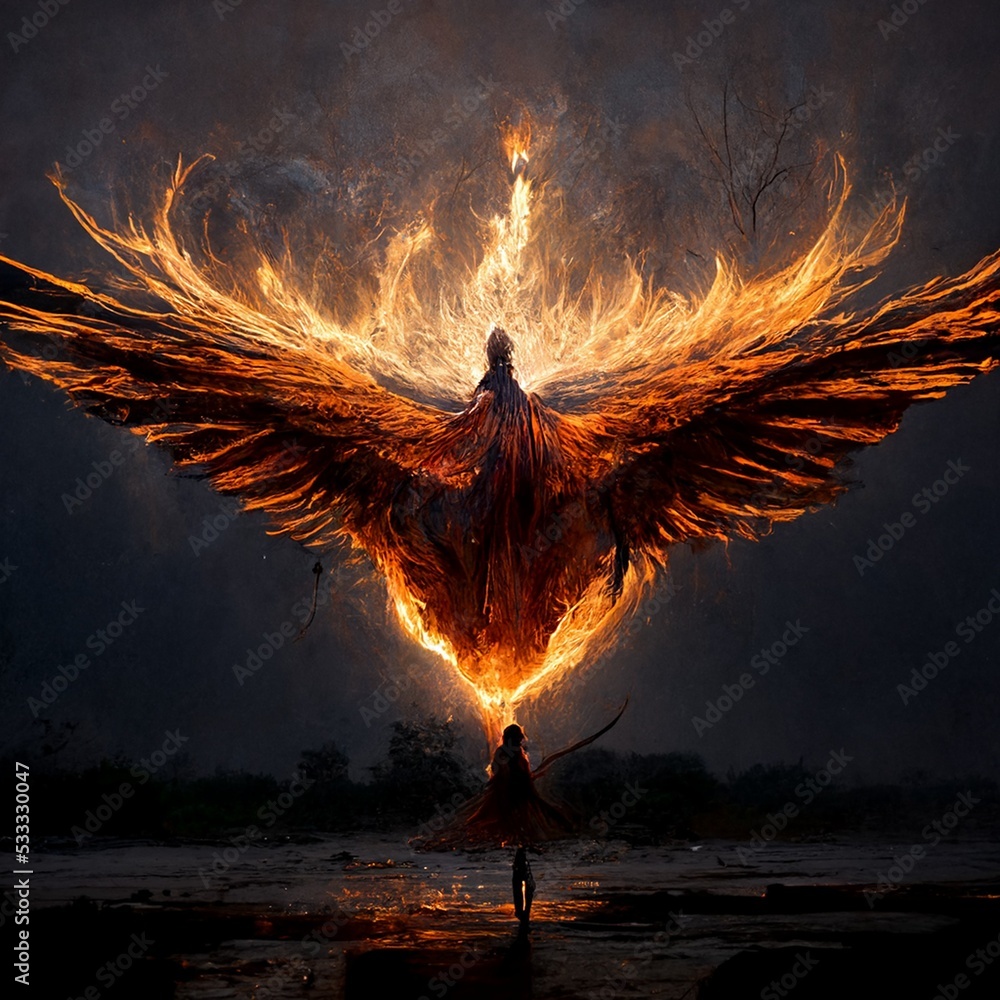 Phoenix flying in the sky, bird in fire, orange and fire wings ...