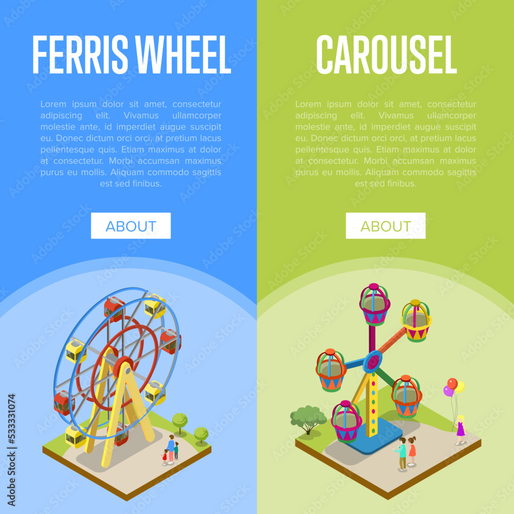 Amusement park isometric vertical flyers with kids carousel and ferris ...