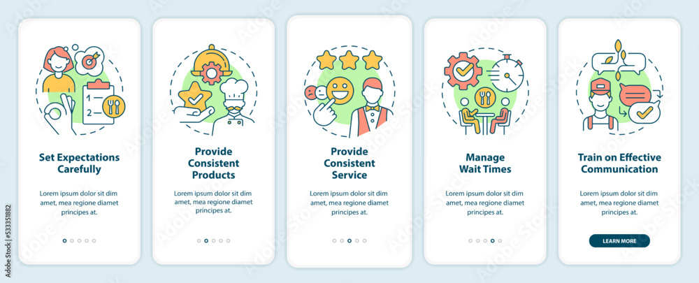 Restaurant customer service onboarding mobile app screen. Communication walkthrough 5 steps ...
