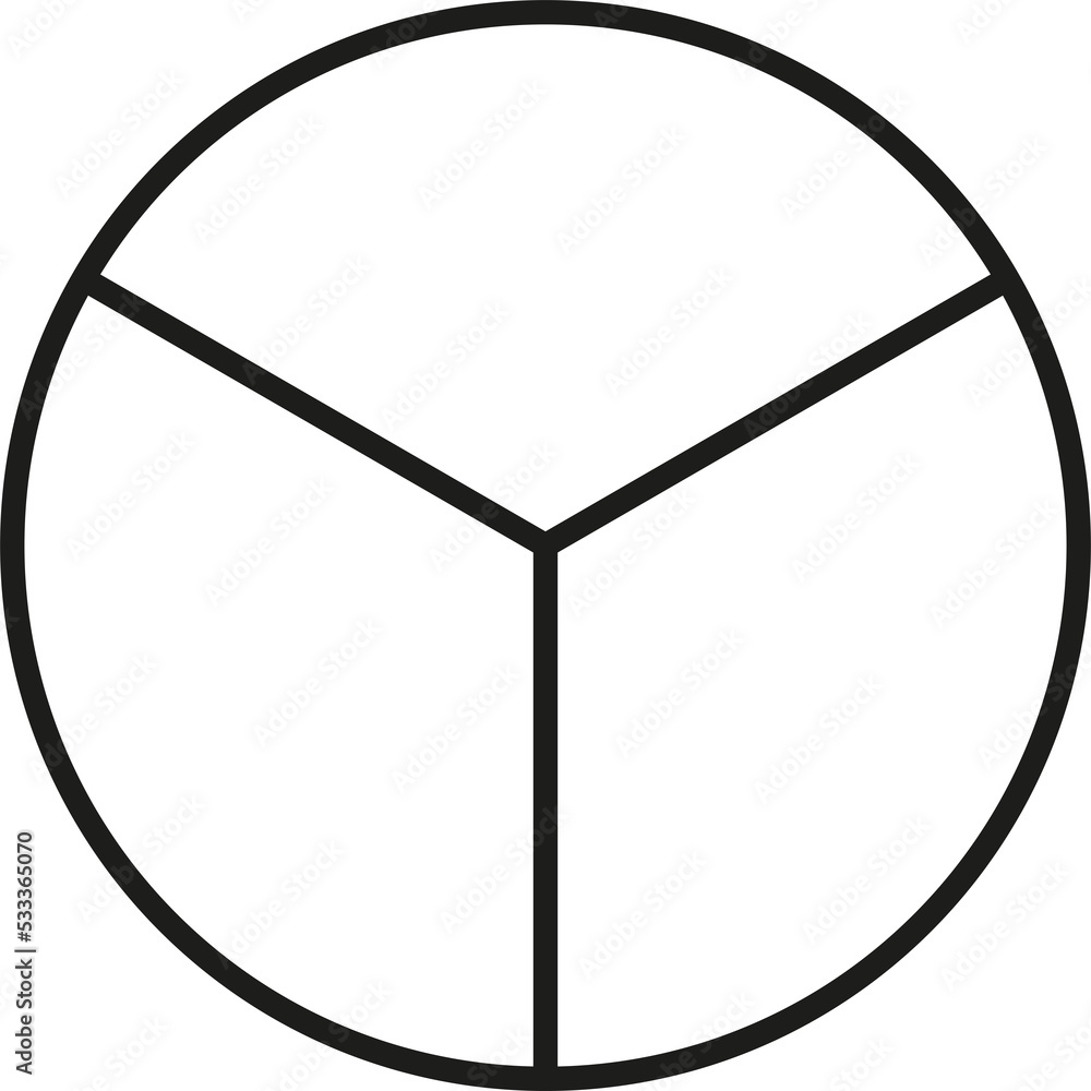 Pie chart, diagram. Black outlined circle divided in three parts, in ...