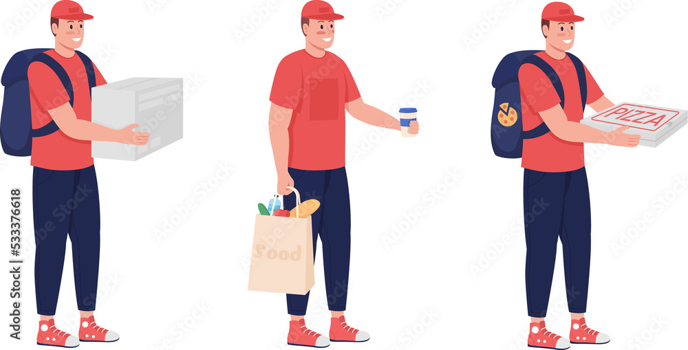 Courier with food semi flat color raster character set. Posing figure ...