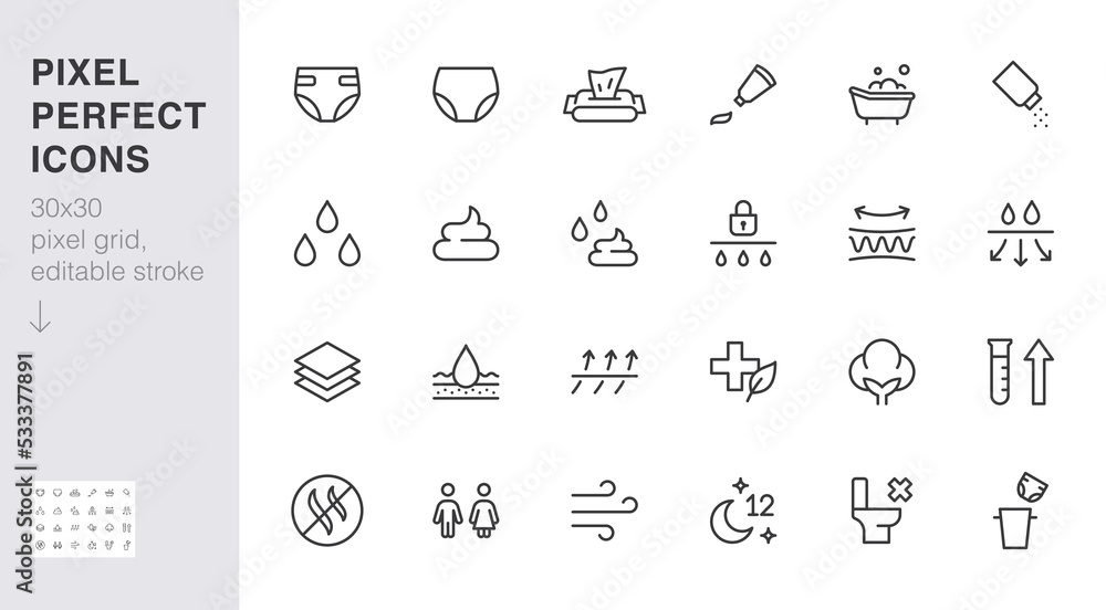 Diaper line icon set. Baby pants feature - absorption, breathable ...