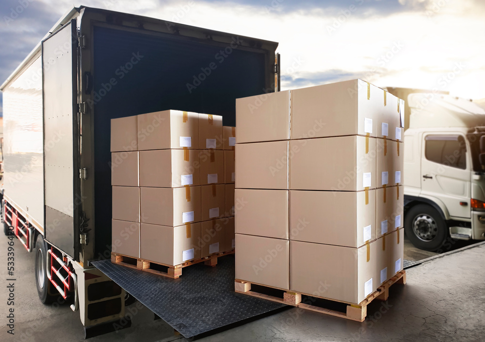 Packaging Boxes Stack on Pallets Loading into Cargo Container. Shipping ...