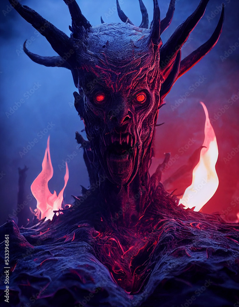 Terrible Furious Hellish Demon with Horns 3D Render Art Conceptual ...