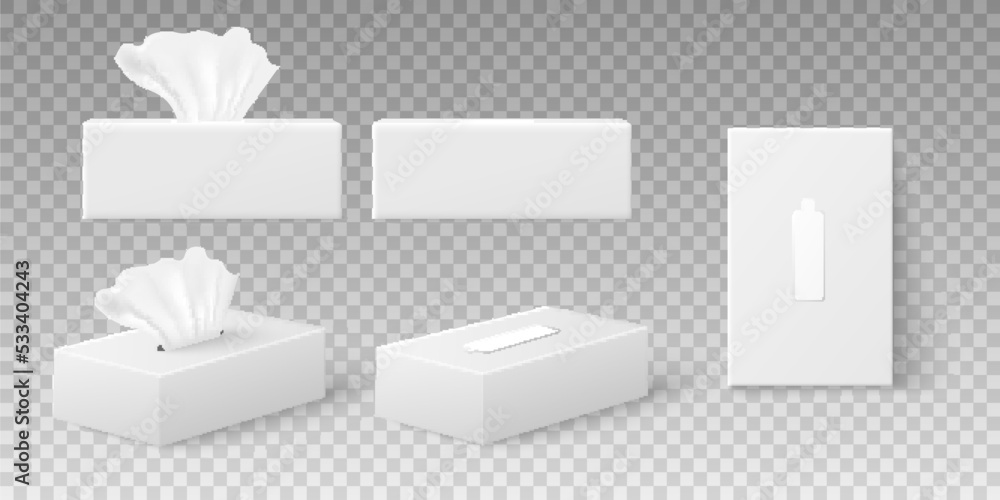 Paper napkins boxes set, opened and closed package, realistic 3d vector ...