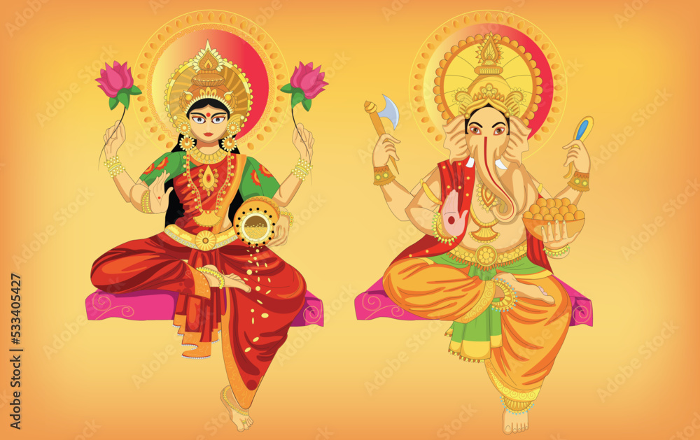 Vector design of Goddess Lakshmi and Lord Ganesha for Happy Diwali ...