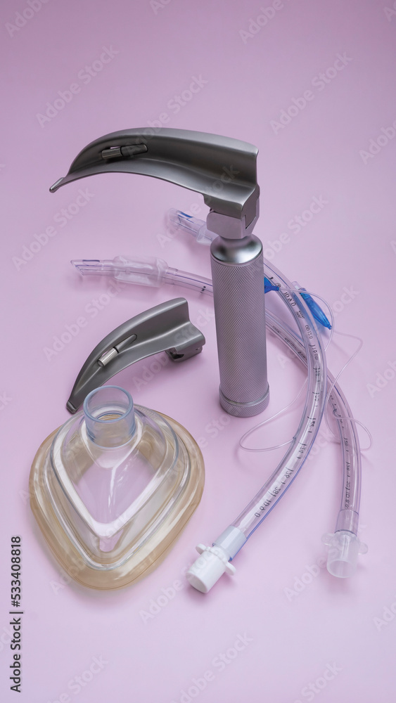 intubation set: laryngoscope and endotracheal tubes for the ventilator ...