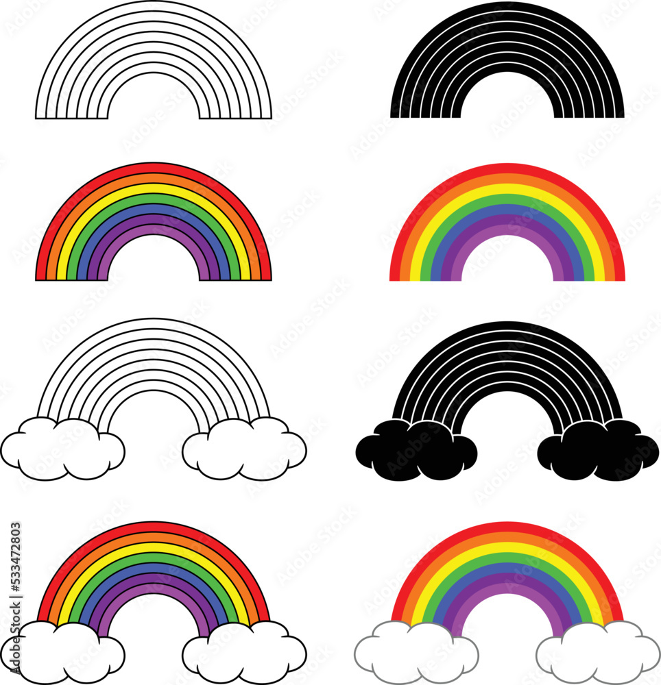 Rainbow and Clouds Clipart Set - Outline, Silhouette and Color Stock ...