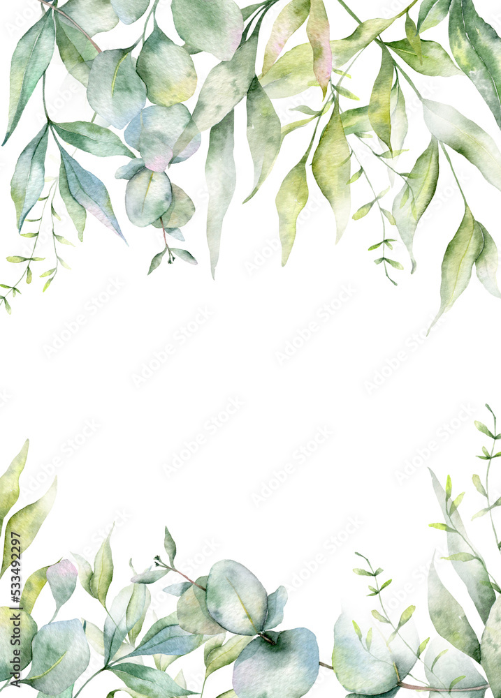 Eucalyptus Border Watercolor, Hand Painted Greenery Frame, Green Leaves ...