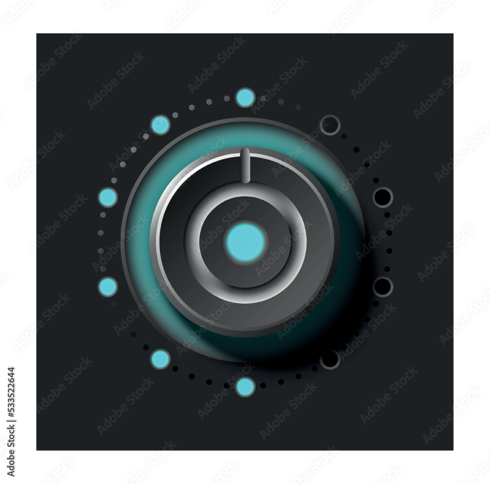 Adjustment round dial. Black button with blue neon illumination. Modern ...