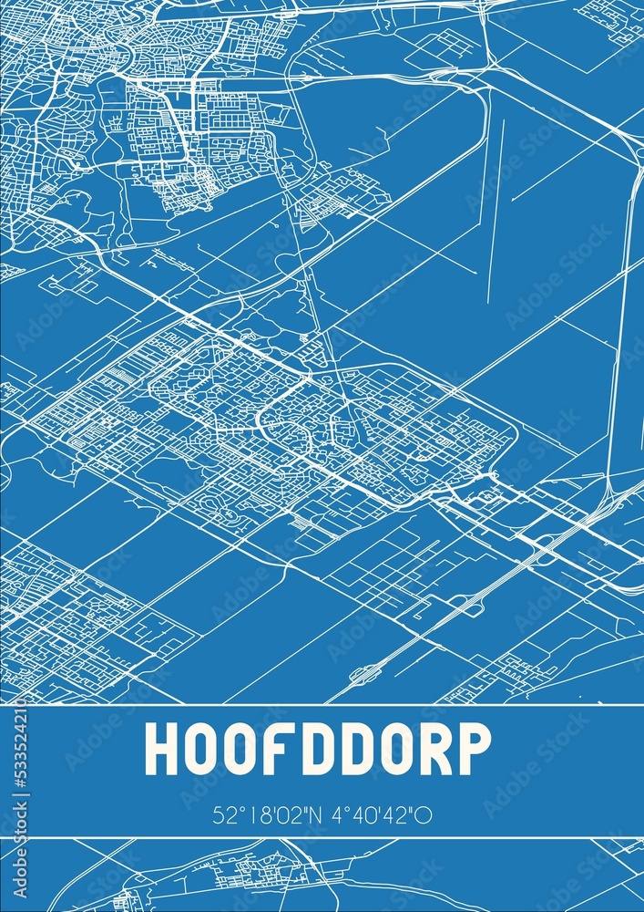 Blueprint of the map of Hoofddorp located in Noord-Holland the ...