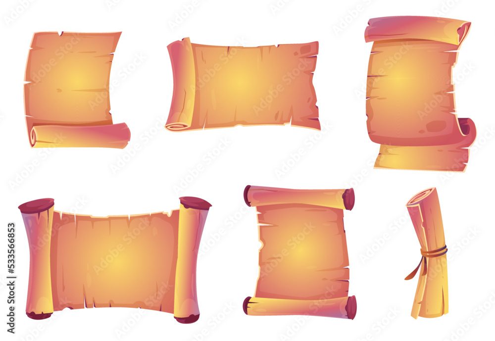 Parchment scrolls, antique papyrus rolls, blank paper banners, open and convoluted vintage ...