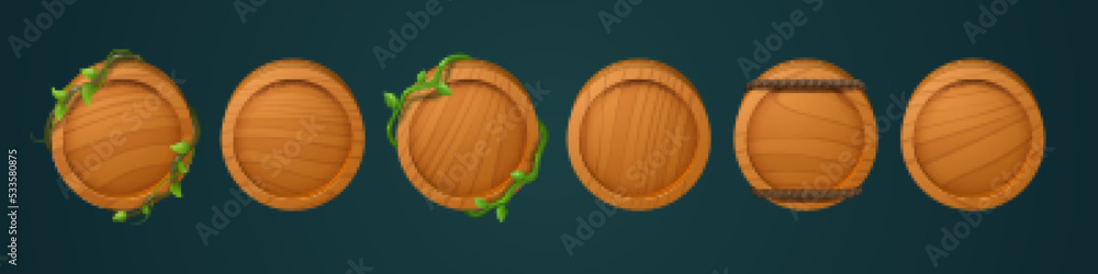 Game wooden buttons or user avatar frames with jungle vines and ropes. Empty circle panels from ...