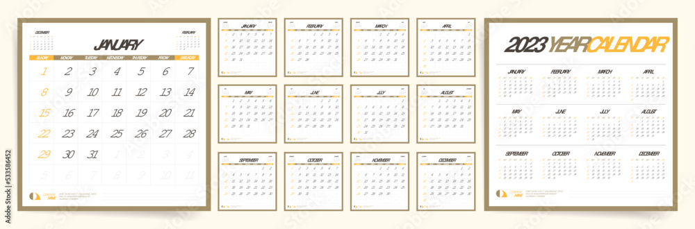 2023 work calendar template. Week starts on Sunday. Corporate formal ...