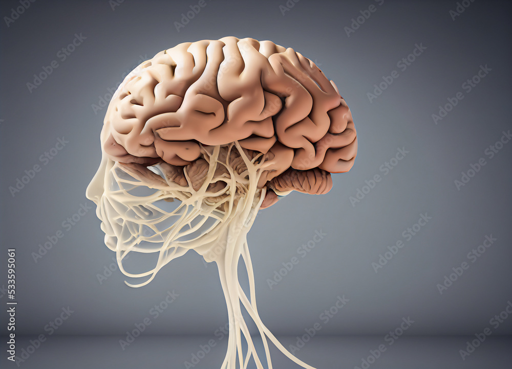 Human brain and nerve forming a futuristic face illustrating the power ...