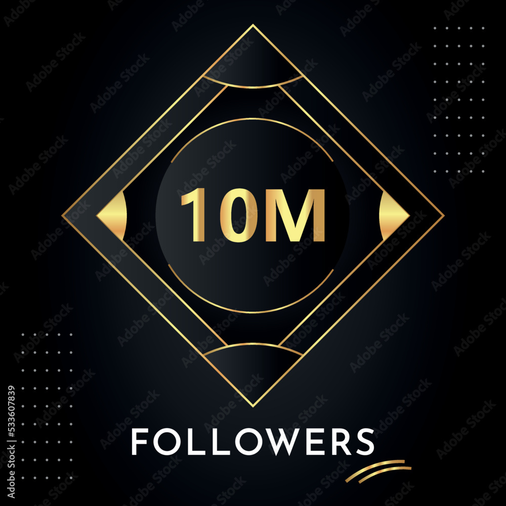 Thank you 10M or 10 million followers with gold decorative frames on black background. Premium ...