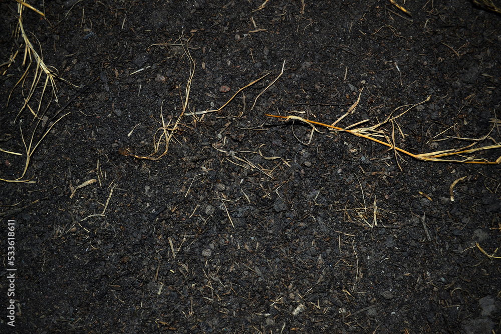 Black color soil texture with dry grass. Surface has grunge and rough ...