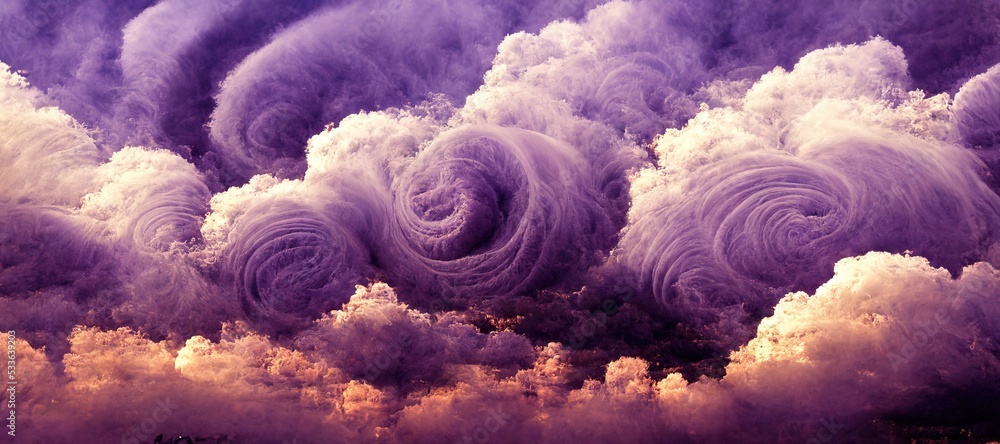 Surreal purple cloudscape of intense bright sunlight glow, dramatic ...