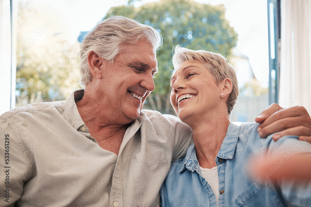 Love, elderly and selfie with retirement couple in home relaxing with ...