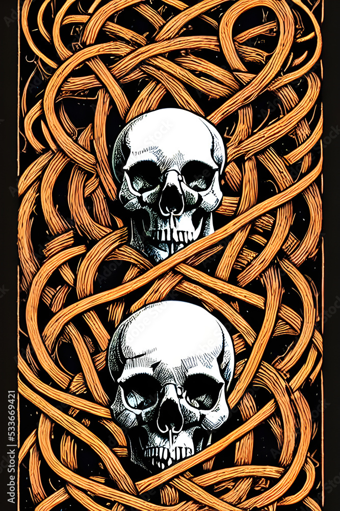 tarot card of a human skull wrapped in vines on black paper with ...