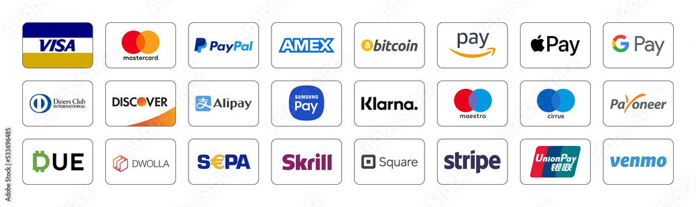 Logotypes of different payment systems on white background ...