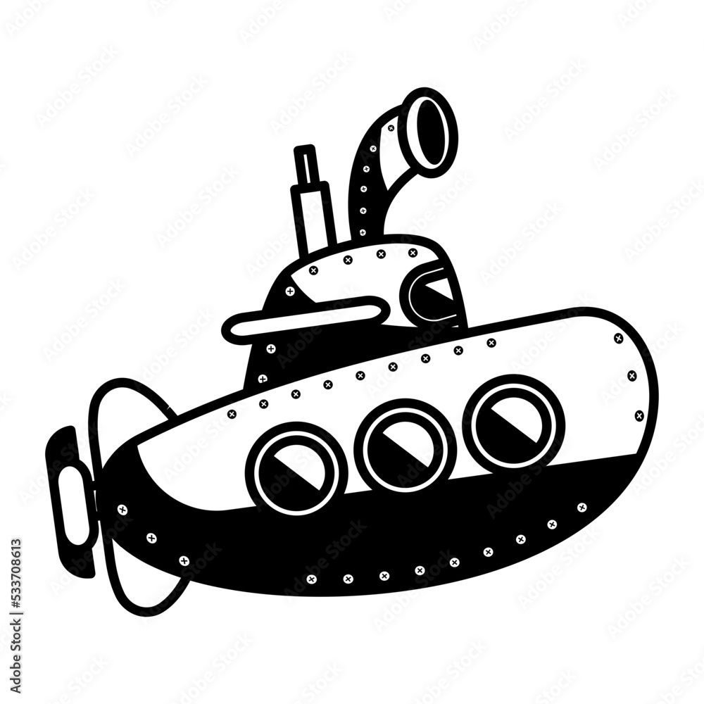 cartoon old submarine with lights Concept, Retro Navy Ship vector icon ...