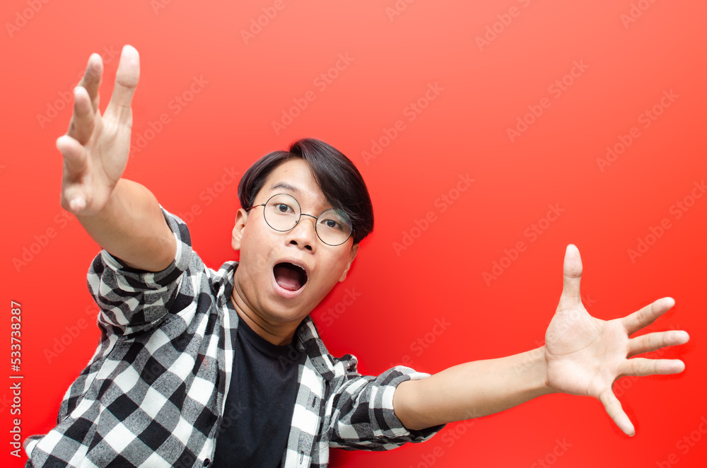Wow and surprised face of young asian man feeling happy, excited and ...