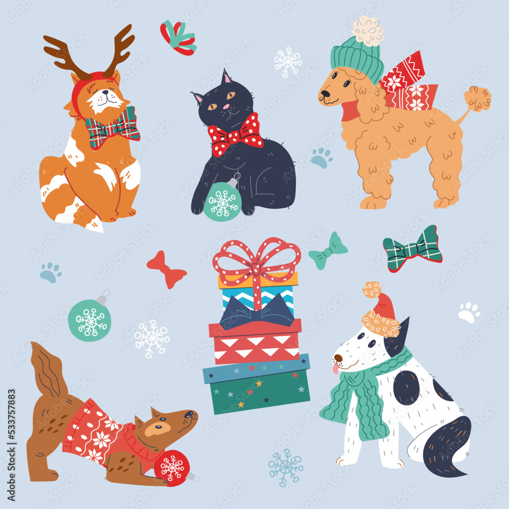 Cats and dogs in funny winter and Christmas hats with festive symbols ...