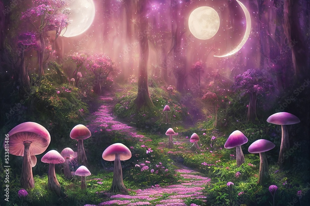 Fantasy Magical Mushrooms and Butterfly in enchanted Fairy Tale dreamy ...