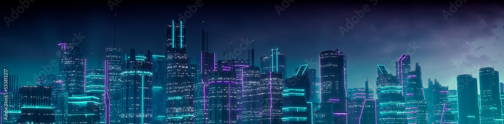 Cyberpunk Metropolis with Purple and Cyan Neon lights. Night scene with ...