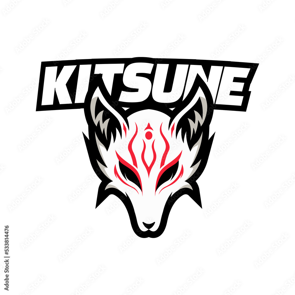 Kitsune Mask Logo Design with One Side Shadow and One Glowing Eye ...