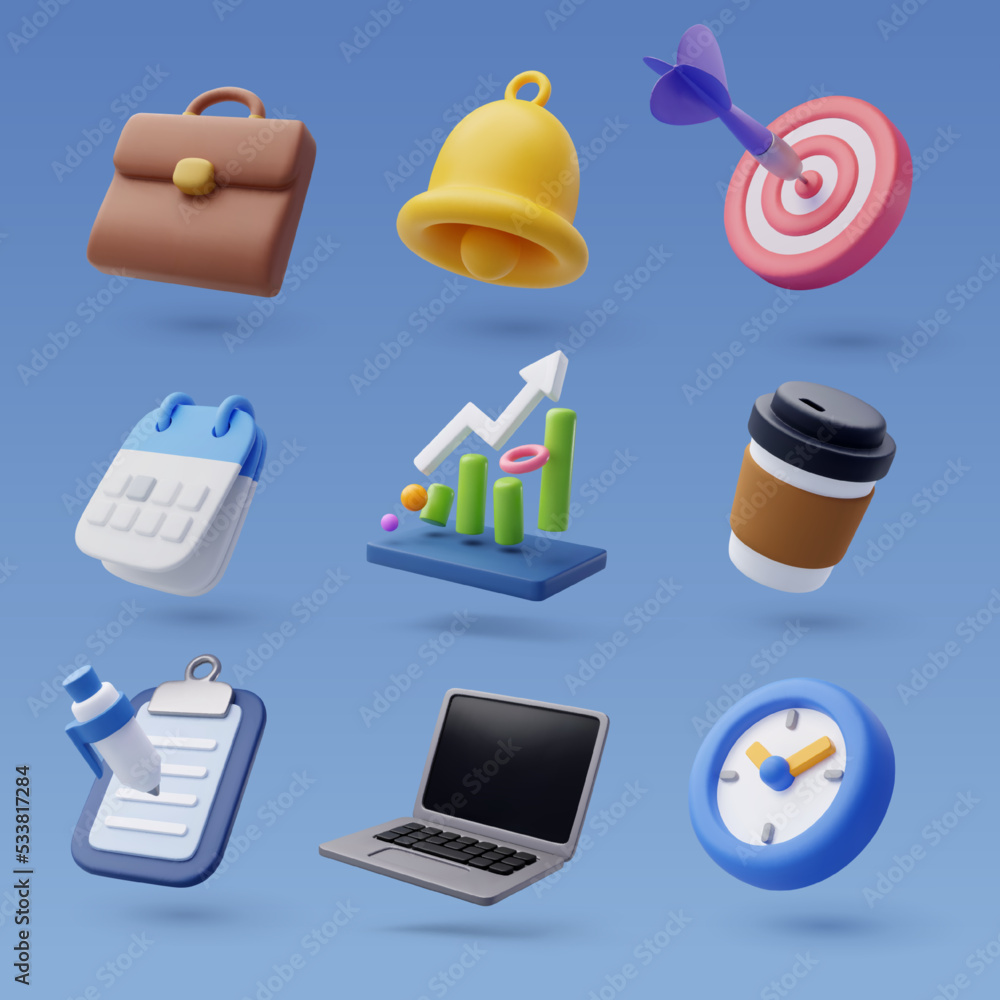 Set of 3d office icon, Business and finance concept. Stock Vector ...