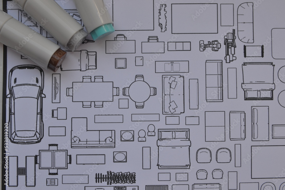 Foto de Stock Home designer. Furniture elements. Floor plan in top view ...