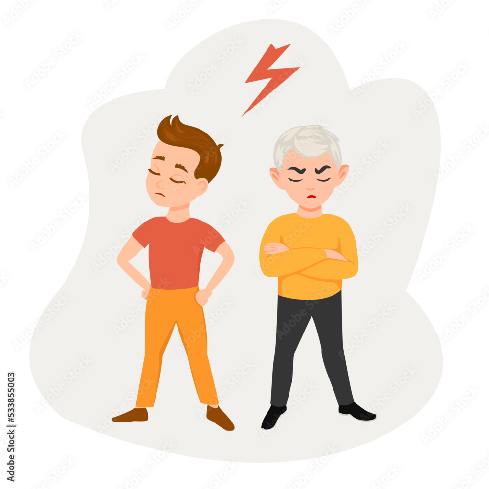 Two boys in a quarrel. Conflict between friends. Offensive behavior ...