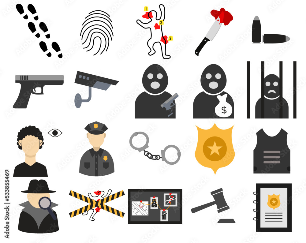 Crime investigations icons set. Collection of flat icons such as ...