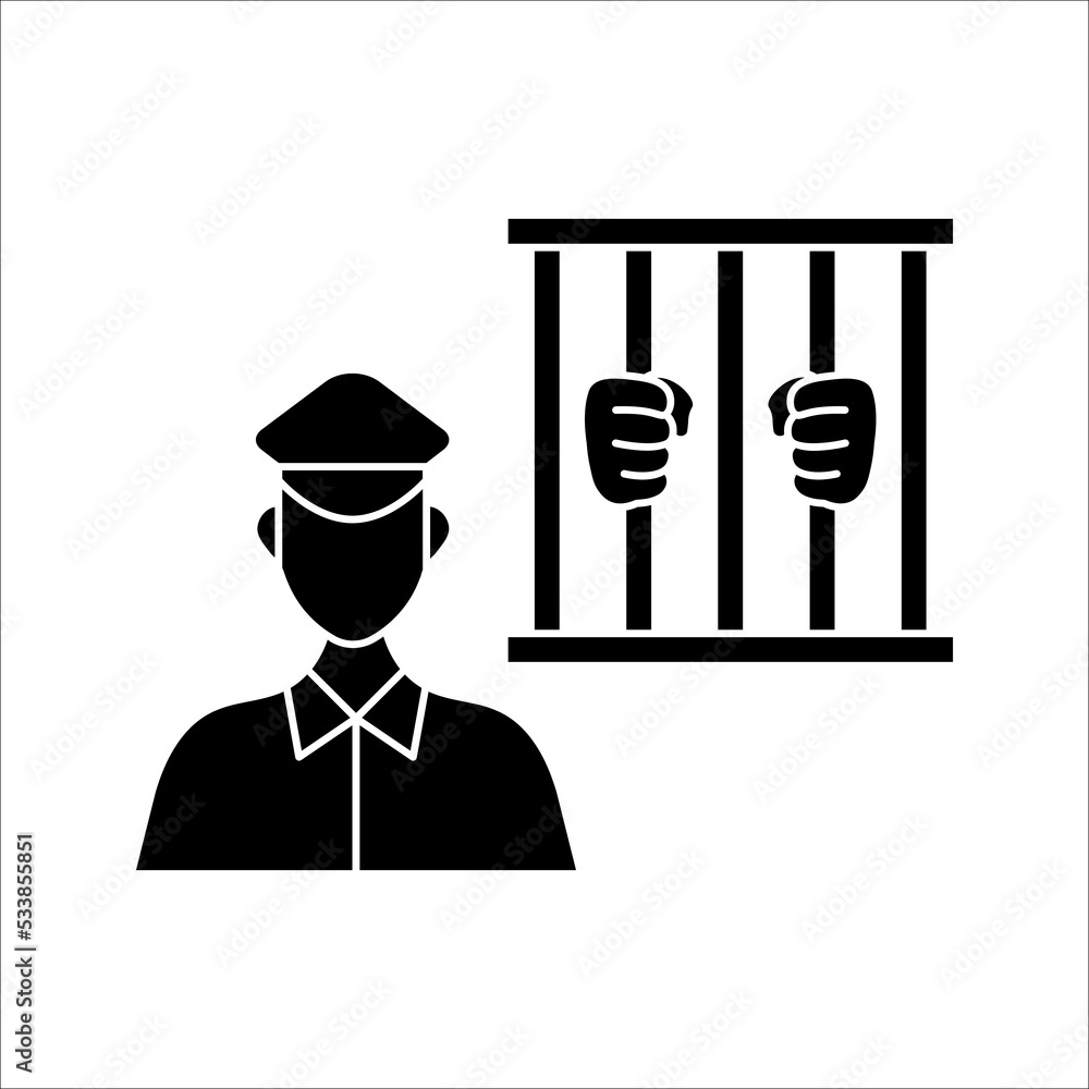 Prison icon. Hands holding prison bars. Silhouette criminal man behind ...