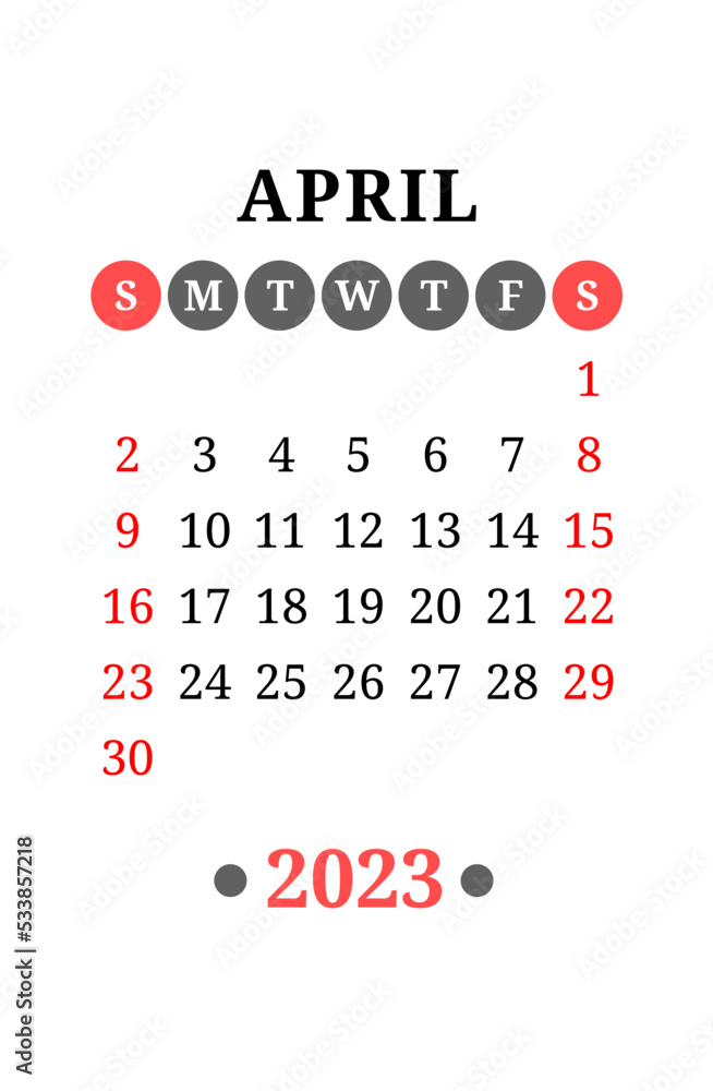 April calendar design 2023 year. English vector wall or pocket calender ...