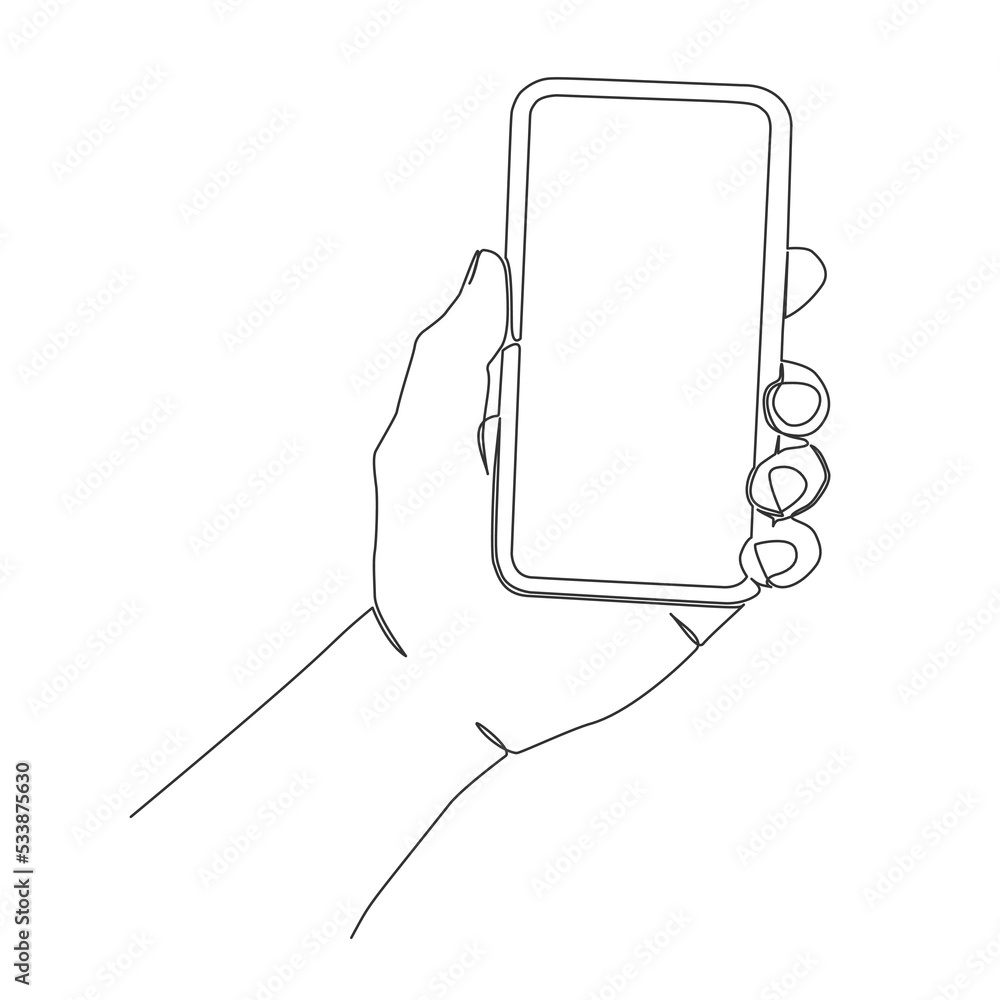 single line drawing of hand holding smartphone isolated on white ...