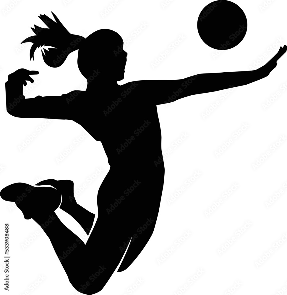 Volleyball girl black silhouette. Isolated sport woman. Jumping smash ...