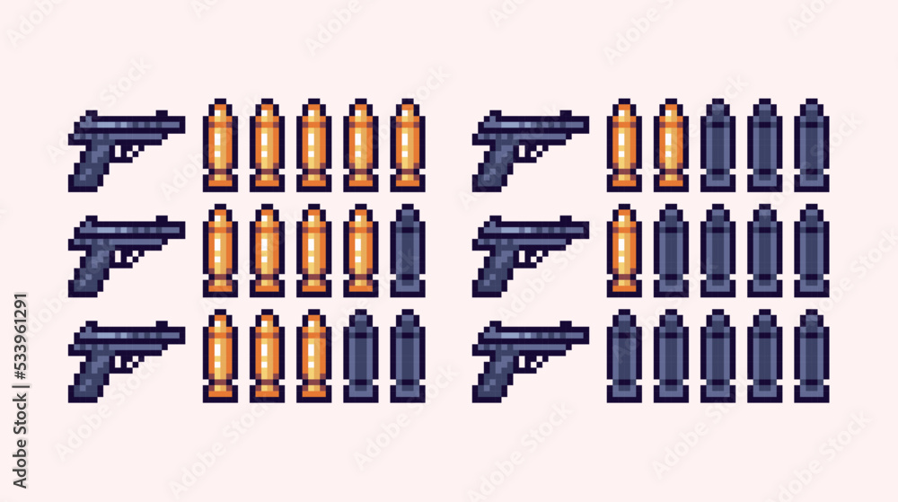 Vector de Stock Pistol ammo interface pixel art set. Gun bullets ...