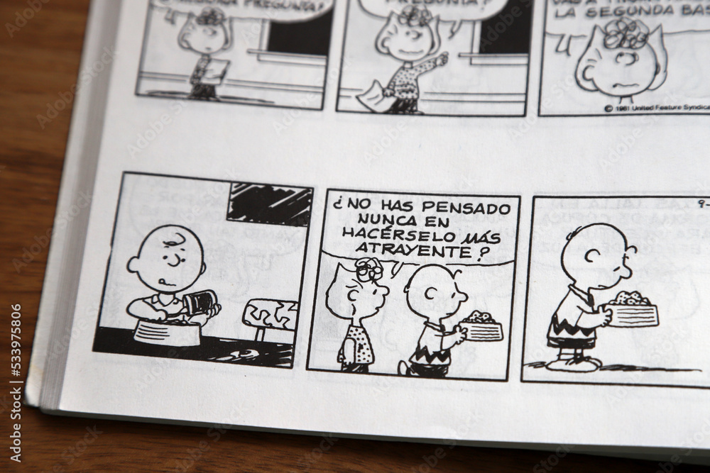 Comic Peanuts. Snoopy, Charlie Brown, Sally and his friends. Comic book ...