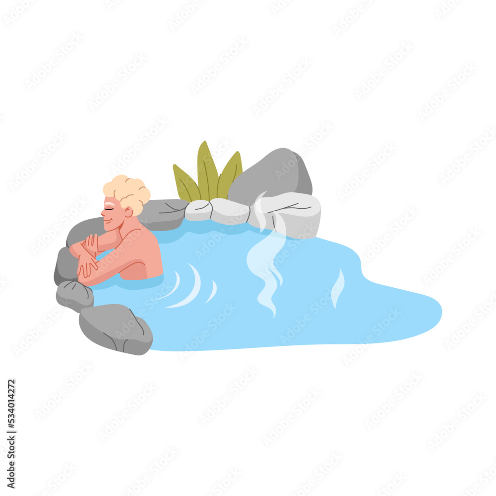 Japan onsen, man relaxing in spring thermal pool or bath with rocks ...